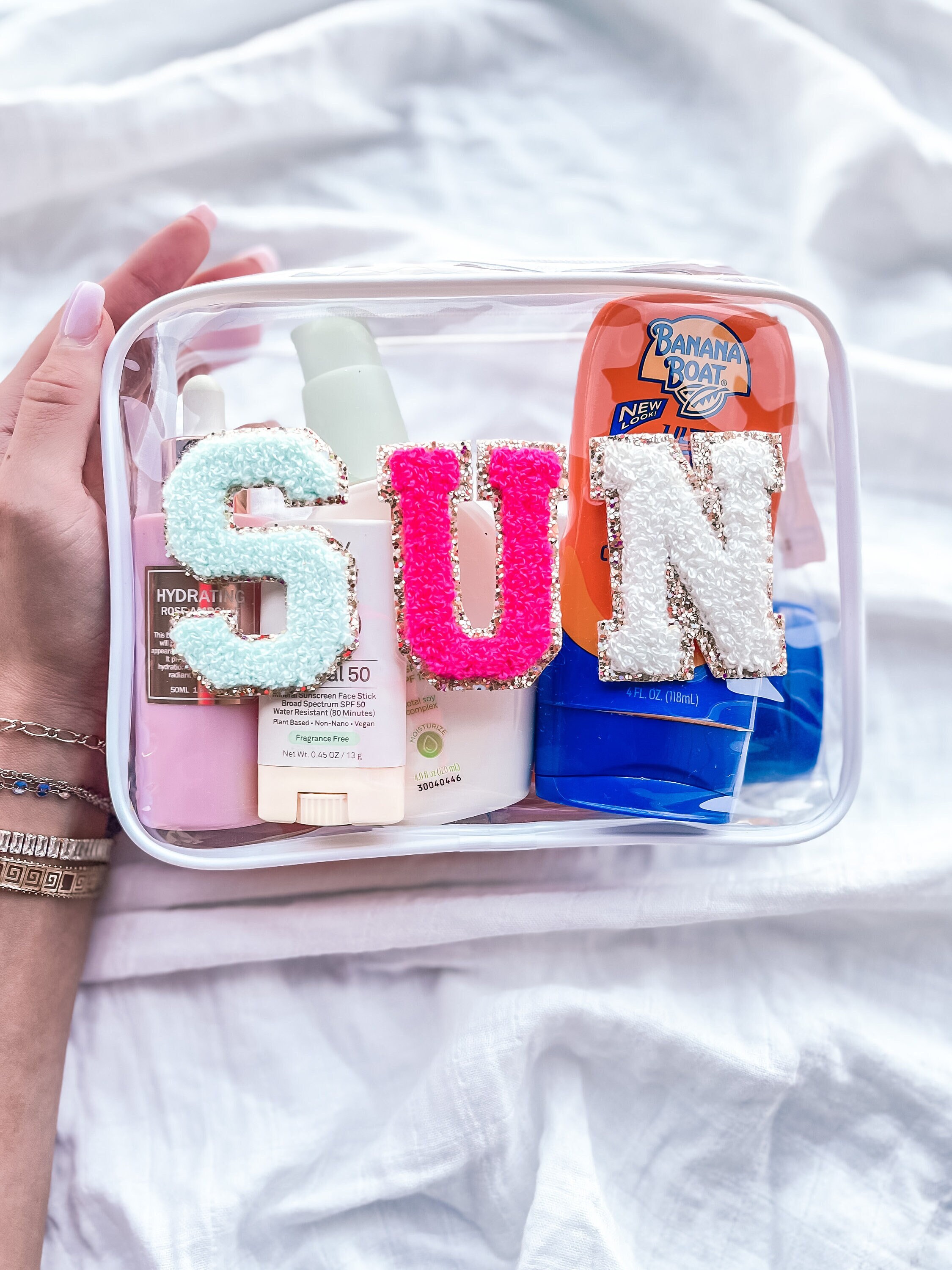 Sun Swim Bag Beach Bikini SPF Clear Pouch Bag | Clear Letter Patch Hair ...