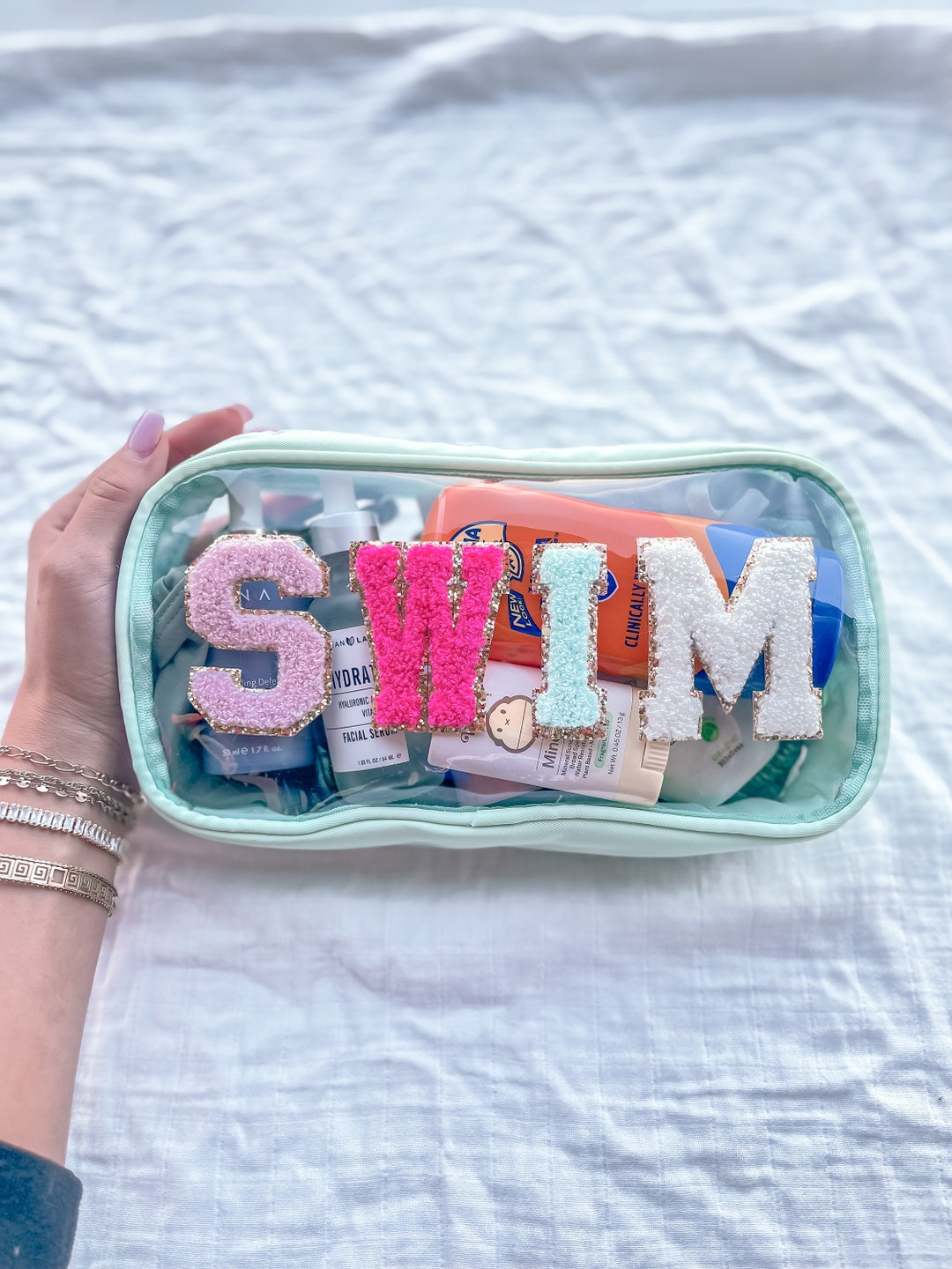 Beach Sun Swim Bag Bikini SPF Clear Pouch Bag | Clear Letter Patch Hair ...