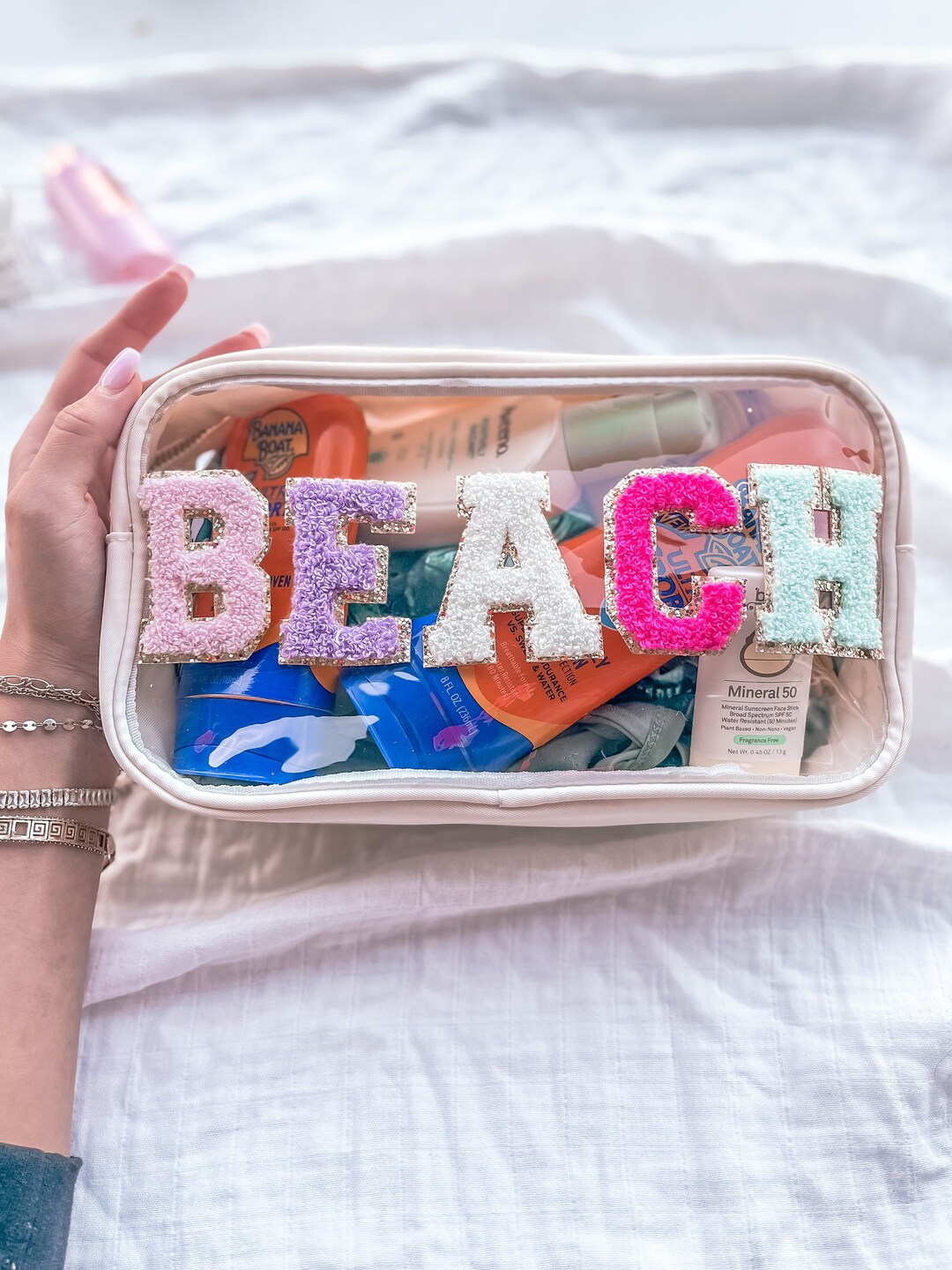 Beach Sun Swim Bag Bikini SPF Clear Pouch Bag | Clear Letter Patch Hair ...