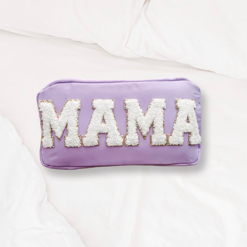 Mama Bag Chenille Varsity Letter Waterproof Nylon Cosmetic Pouch Emerald Camel White Pink Peach ...