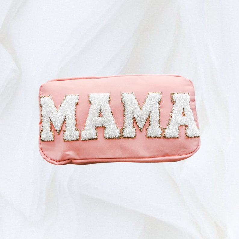 Mama Bag Chenille Varsity Letter Waterproof Nylon Cosmetic Pouch Emerald Camel White Pink Peach ...