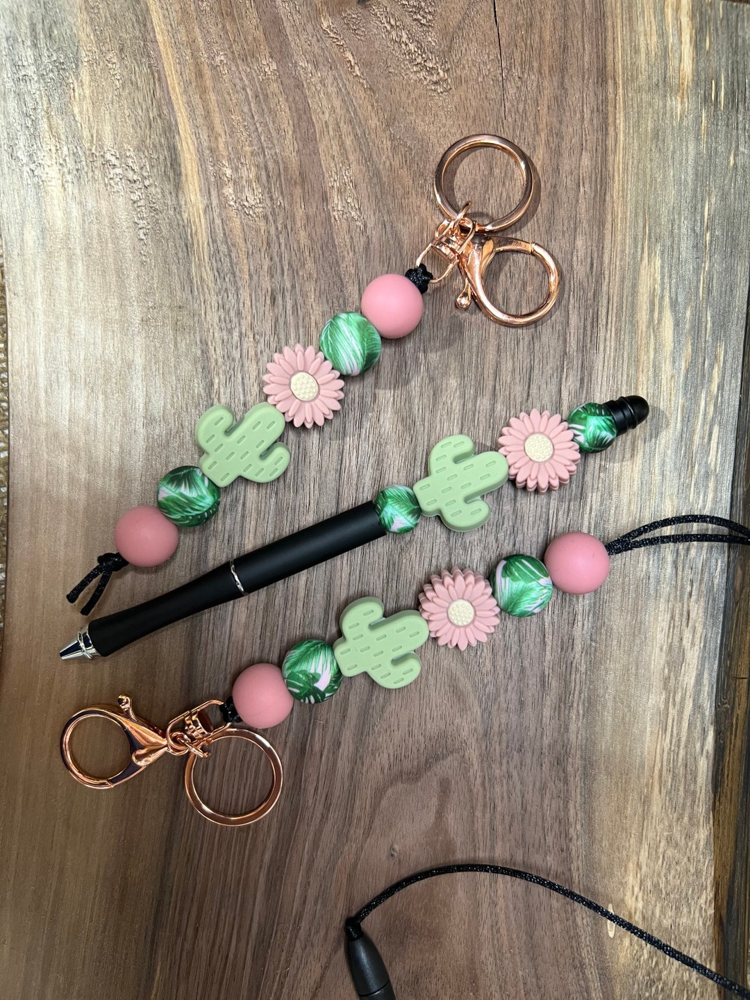 Mini Daisy and Cactus Monstera Leaf Lanyard, Silicone Bead Lanyard Id ...