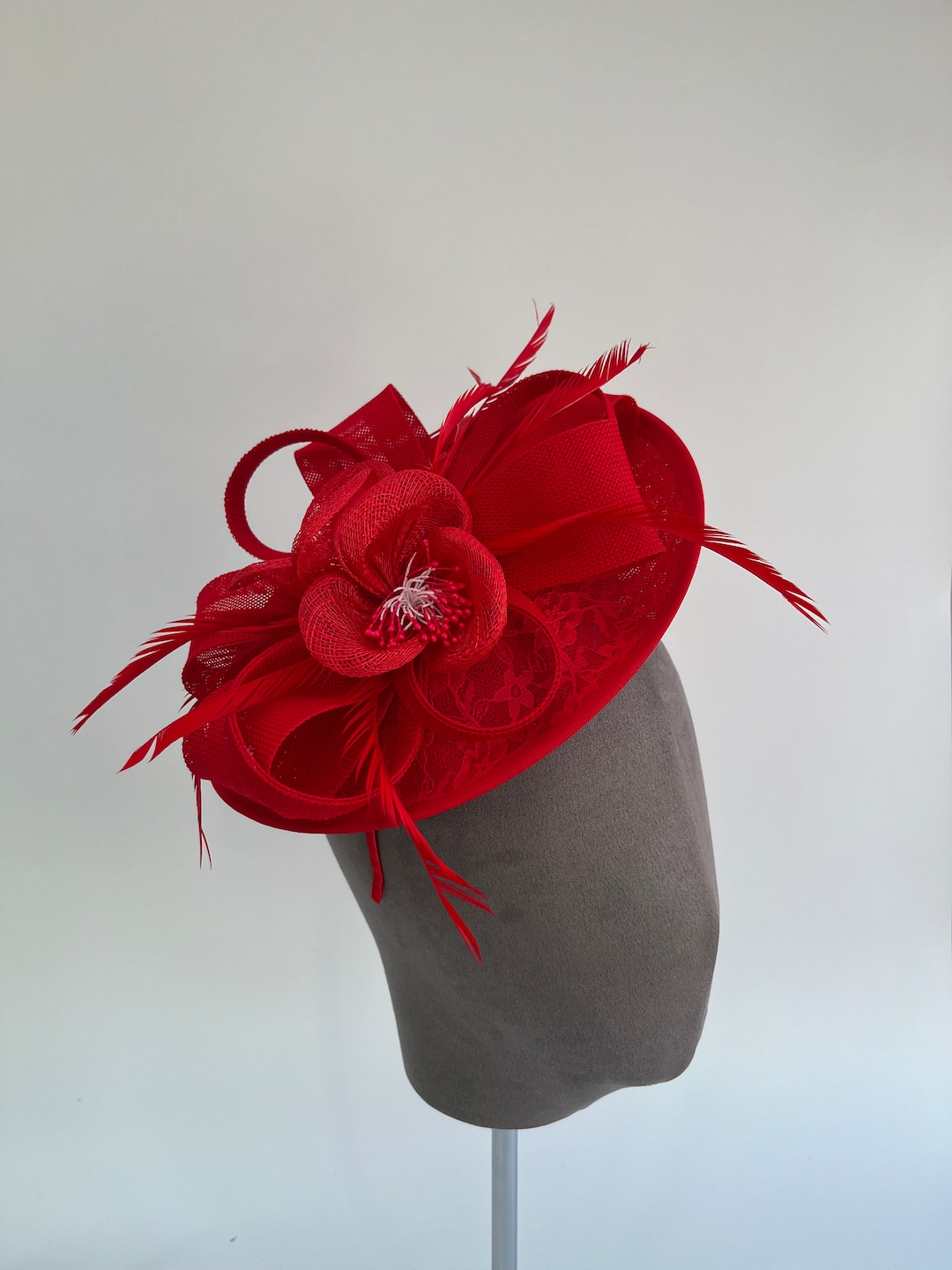 Red Lace Disc Fascinator With a Beaded Flower Centrepiece and Feathers ...
