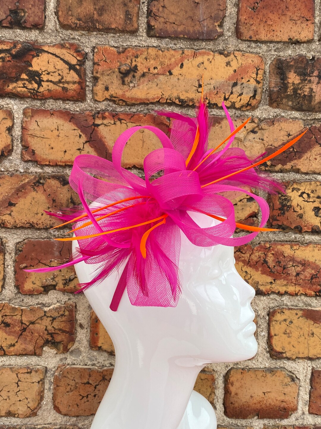 New Bright Pink Cerise Loop Bow Fascinator With Added Orange Feathers ...