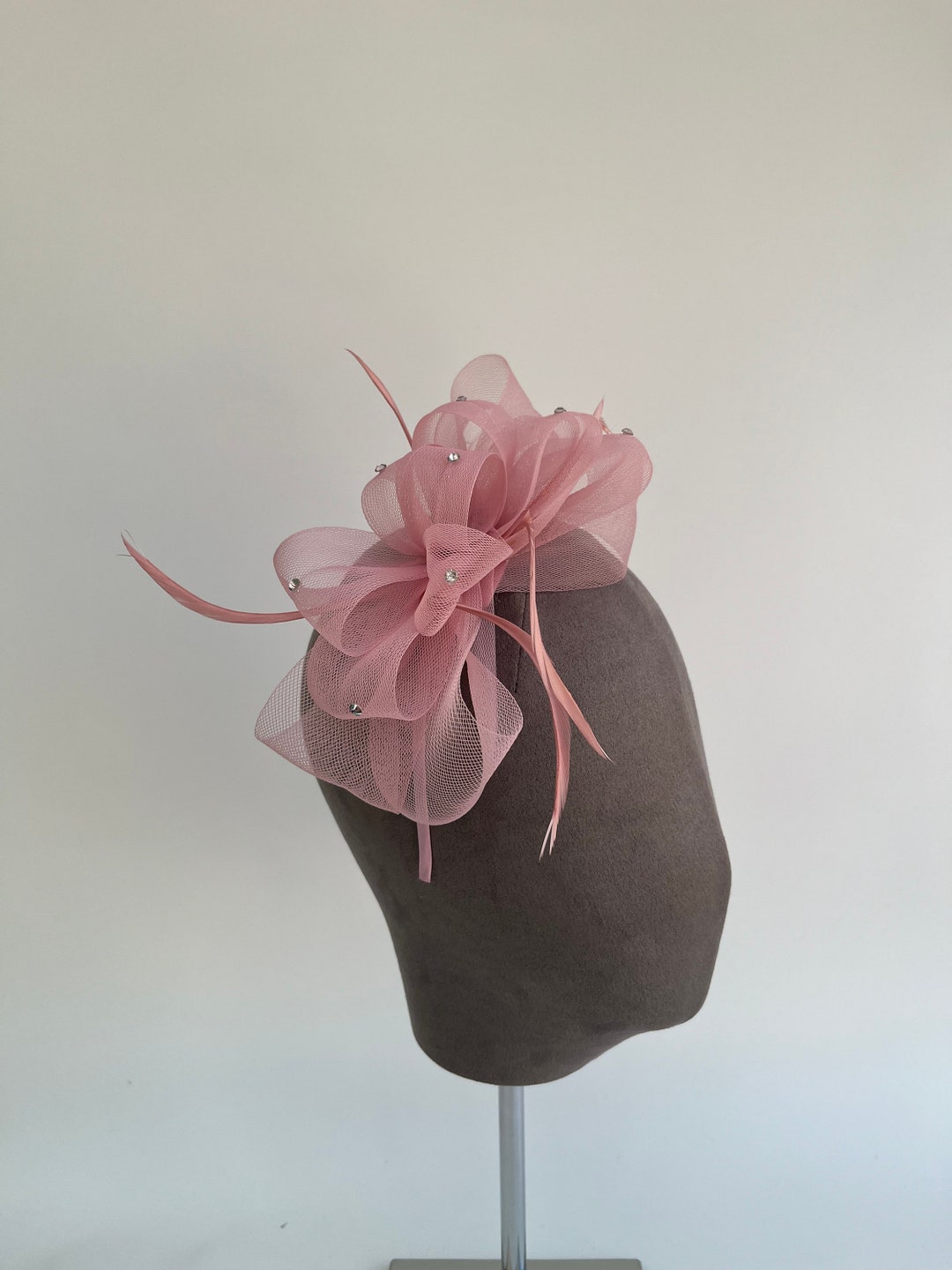 Light Pink Loop Bow Fascinator With Diamantés and Feathers Headband and ...