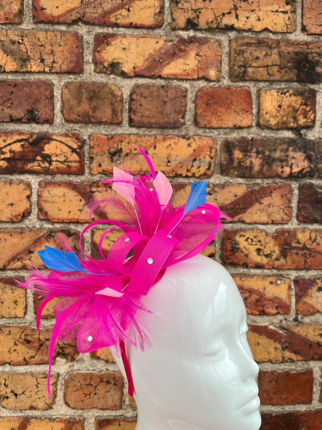 New Bright Pink Cerise Loop Bow Fascinator With Sky Blue and Pale Pink ...