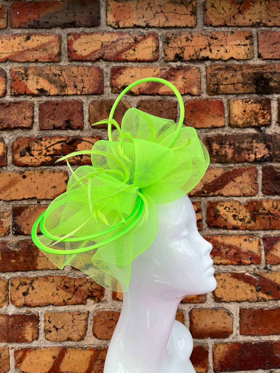 New Bright Neon Green Large Mesh Bow Fascinator Headband With a Flower ...