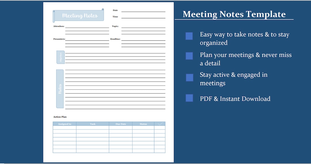 Meeting Notes Template- Pdf-printable-business Meeting- Executive ...