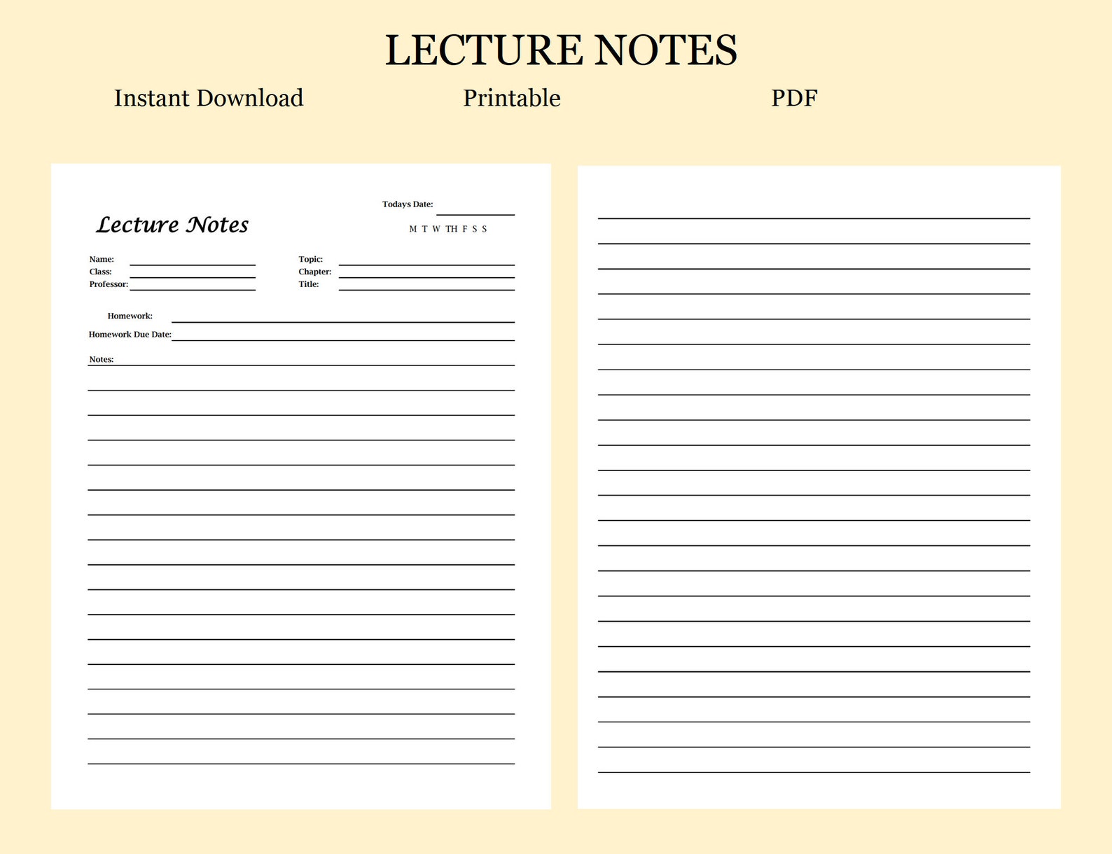 Printable Lecture Notes- Printable- PDF- Students Notes Template - Etsy
