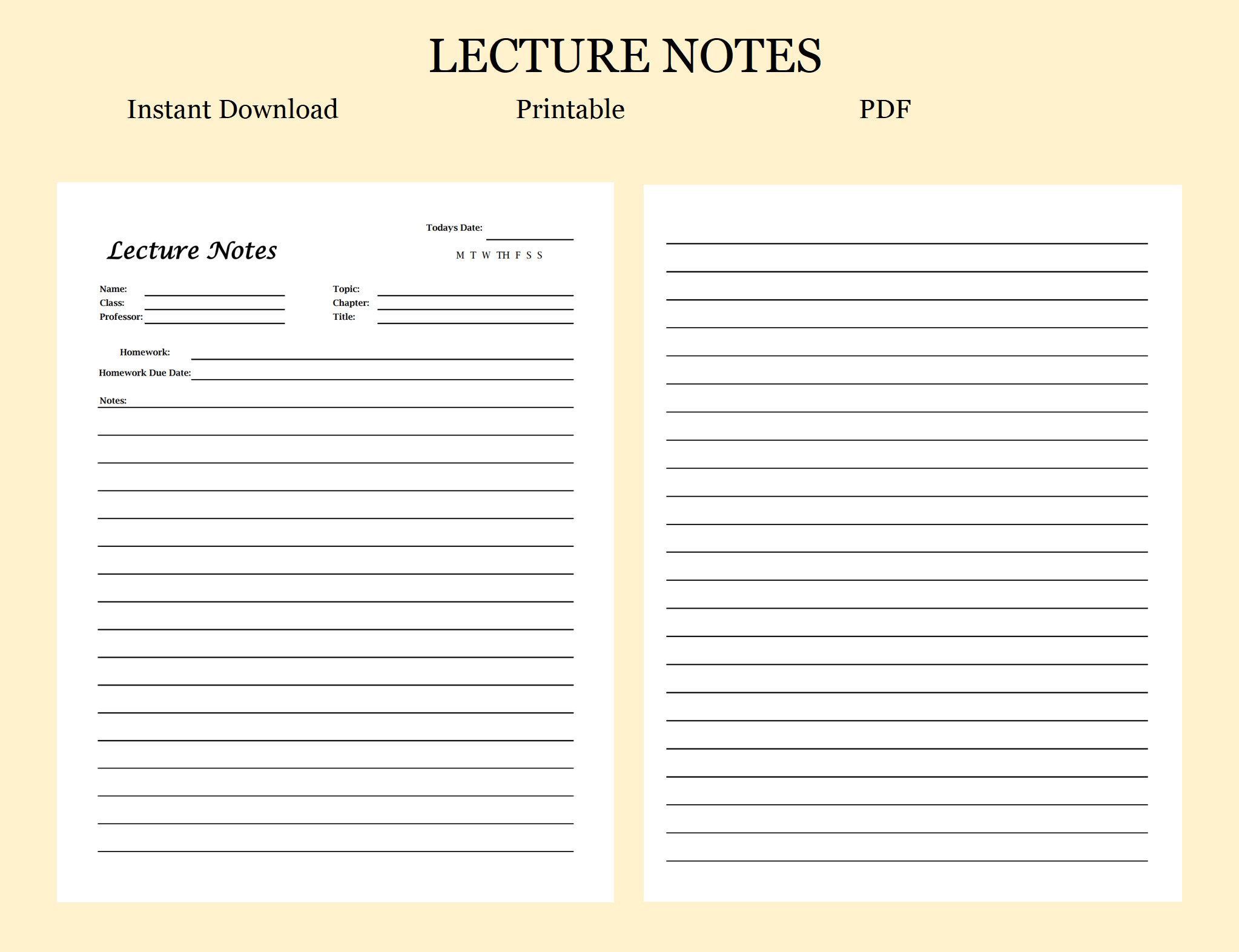 Printable Lecture Notes- Printable- PDF- Students Notes Template - Etsy