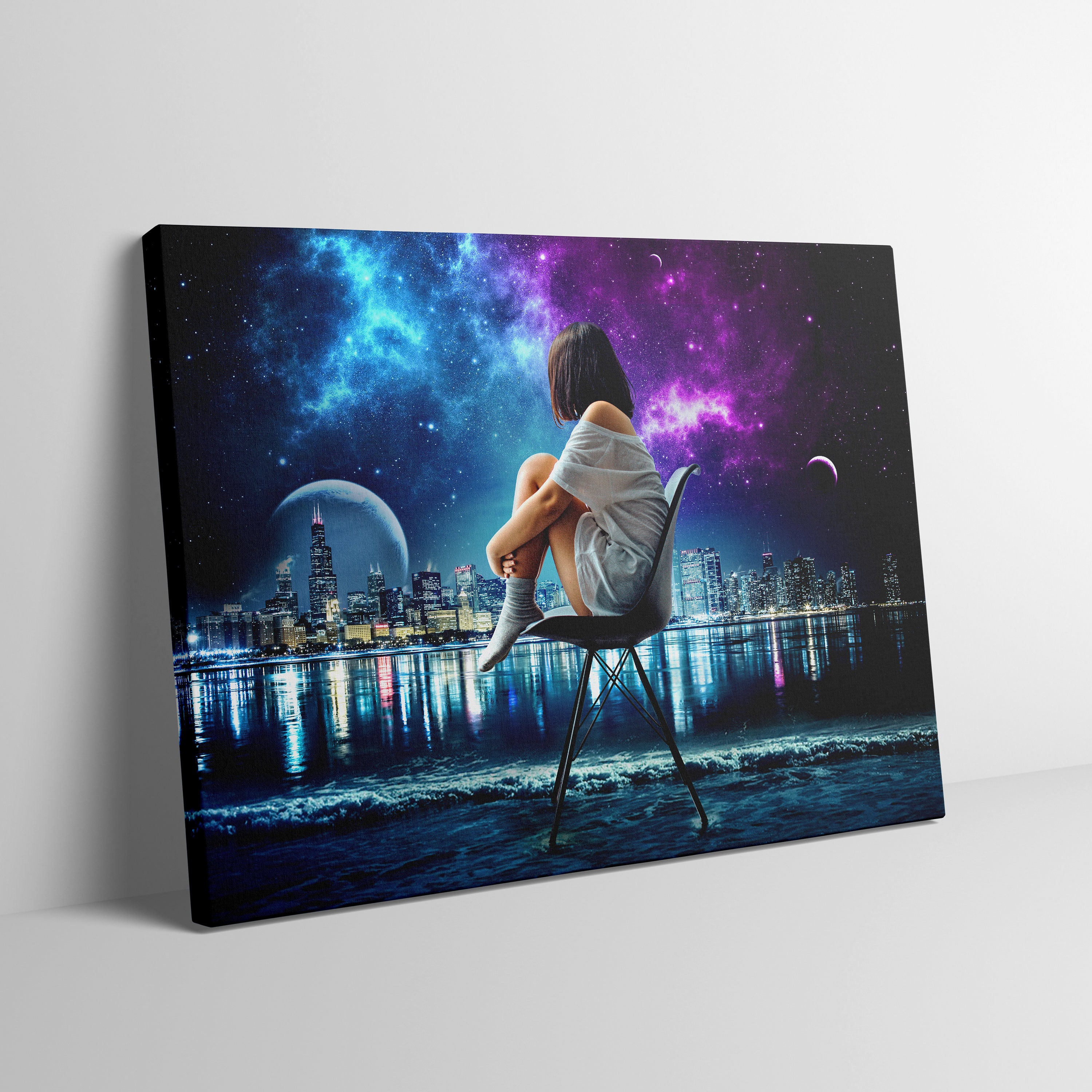 World Peace. Starry Night. Fantasy Art. Girl Under the Sky. Abstract Sky Art Wall. Girl Wall Art ...