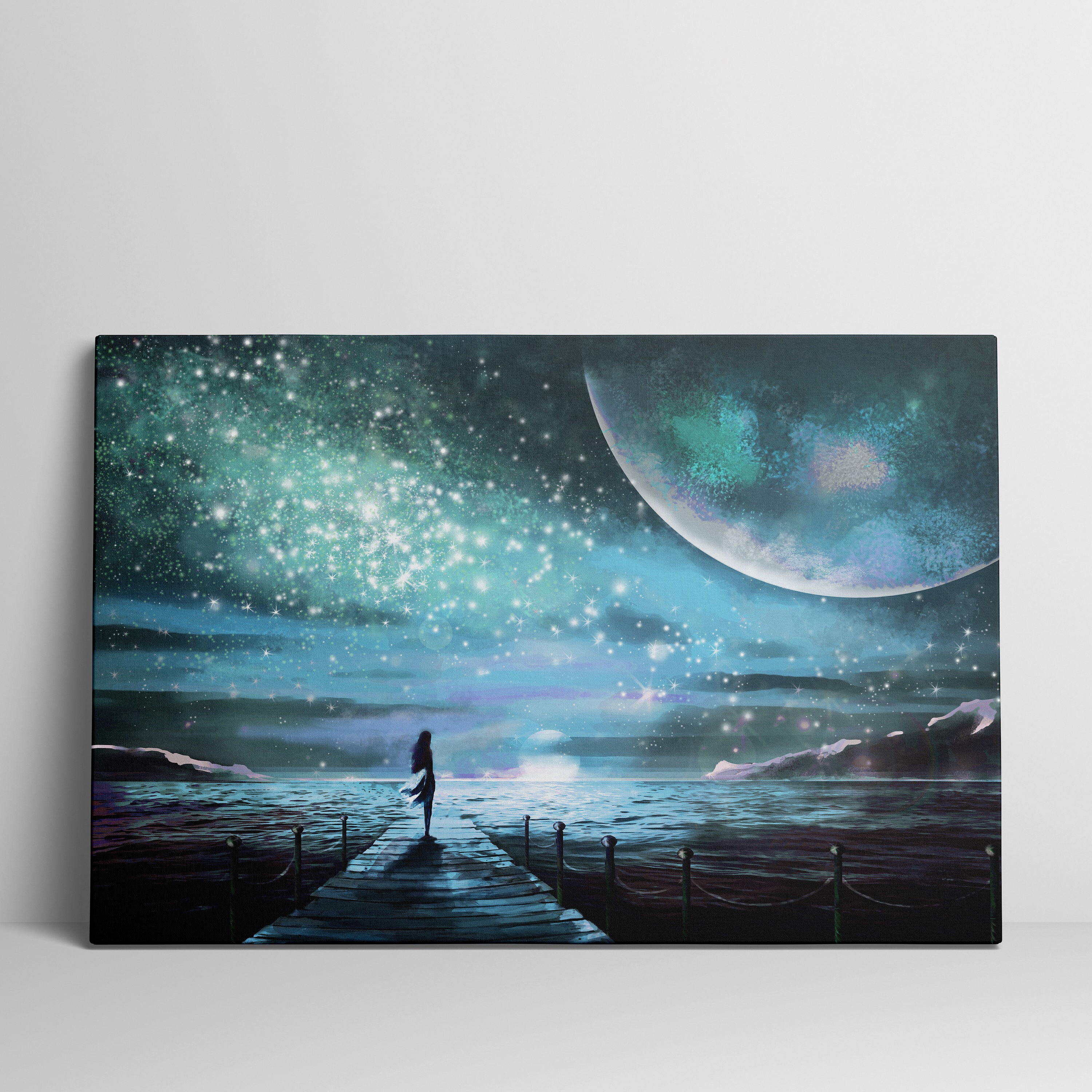 Starry Night. Fantasy Art. Girl Under the Moon. Abstract Moon Art Wall ...