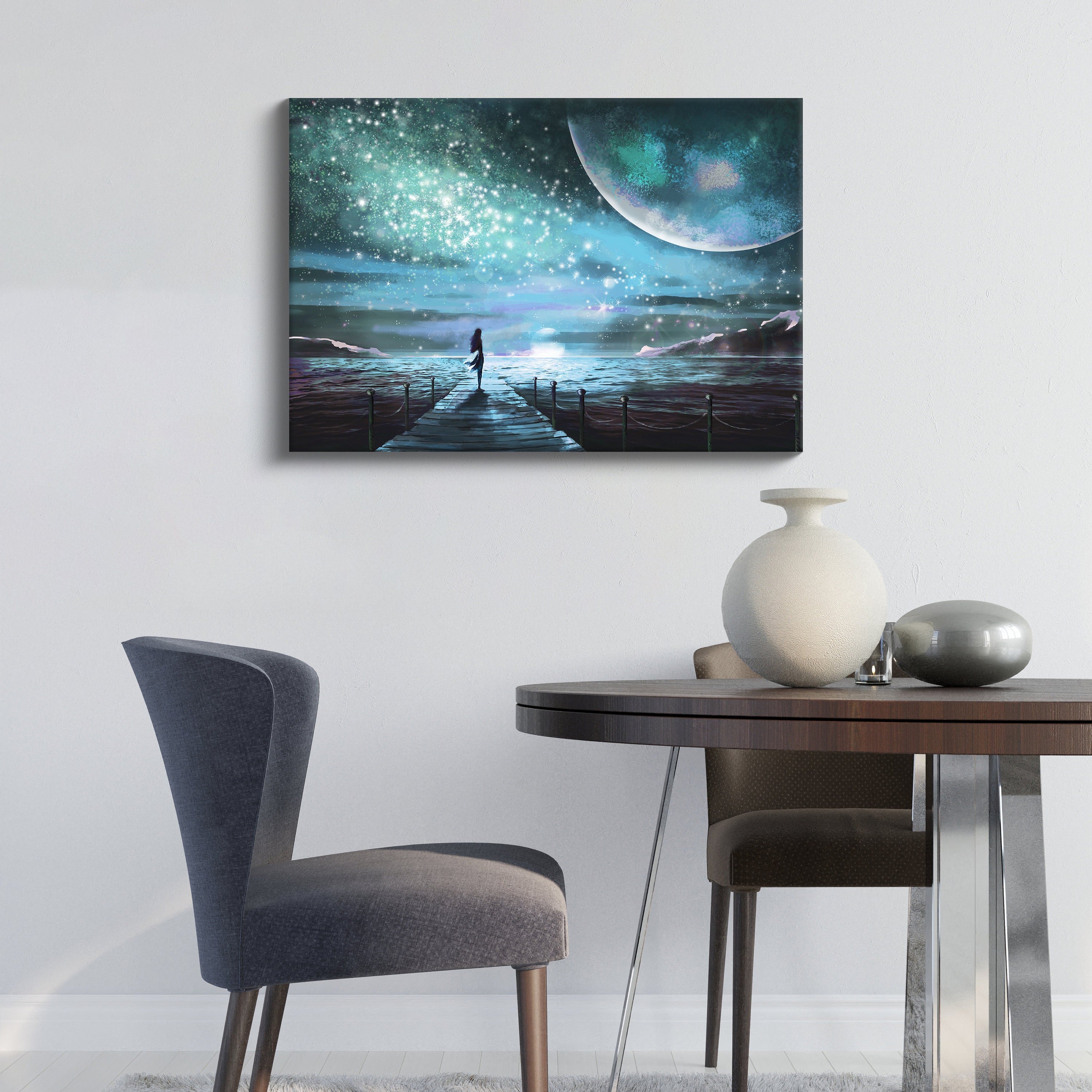 Starry Night. Fantasy Art. Girl Under the Moon. Abstract Moon Art Wall. Girl Wall Art. Full Moon ...