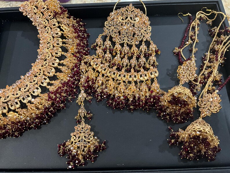 Bridal Gold Plated Maroon Heavy Complete Set / Indian Pakistani Bridal ...