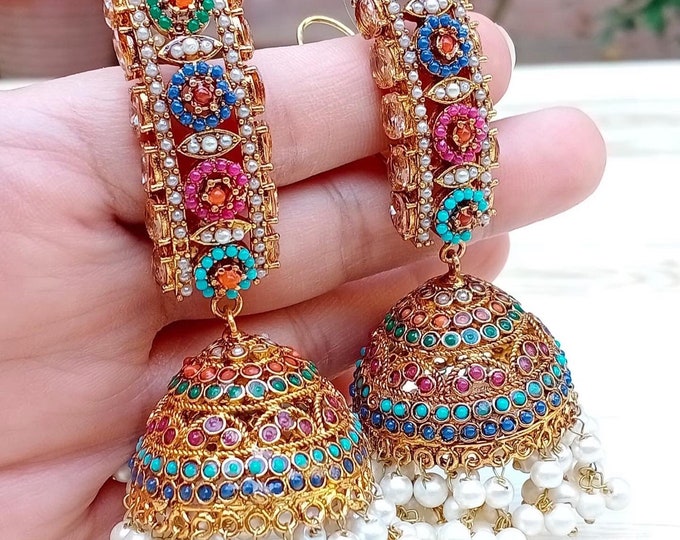 Nauratan Oversized Pearl Jhumkas /indian Pakistani Wedding Bridal ...
