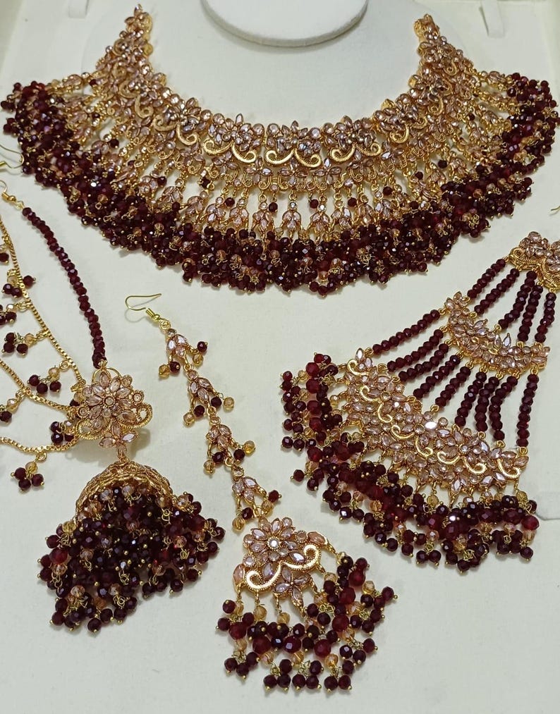 Pakistani Bridal Jewelry Set | Maroon Gold Plated Wedding Necklace ...