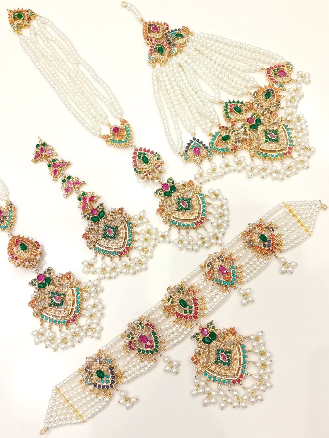 Nauratan Bridal Pearl Necklace Set /indian Pakistani Shade Wedding ...