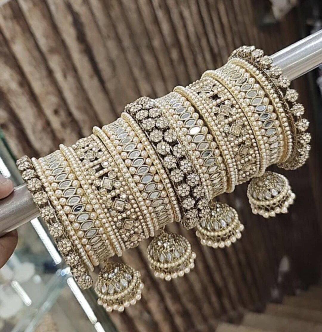 Indian Pakistani Bridal Bangle Set | Pearl and Mirror Work Jhumka ...