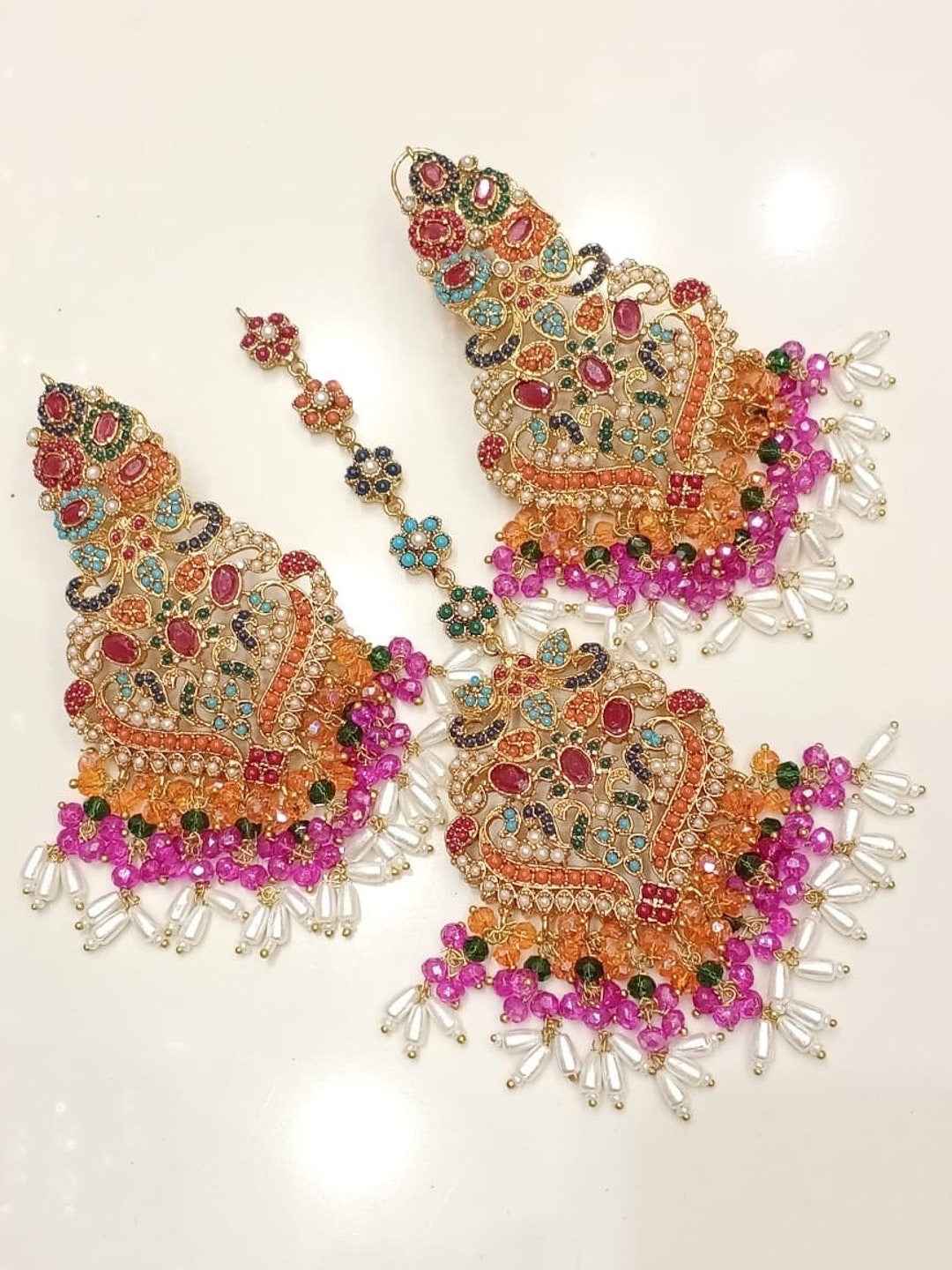 Nauratan Earrings Tika , / Pakistani Jewelry/indian Jewelry/ Multi ...