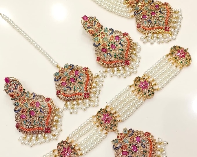 Nauratan Multi Stone Earrings Tikka Set/ Pakistani Jewelry/pakistani ...
