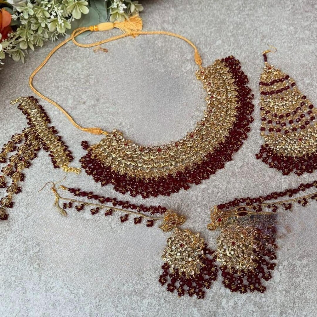 Maroon Gold Plated Bridal Set .pakistani Jewelry - Etsy