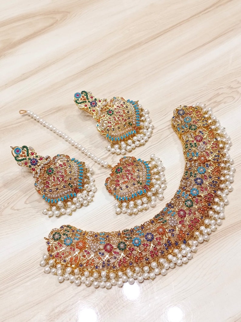 Nauratan Gold Plated Jewelry Set | Traditional Pakistani Indian Bridal ...