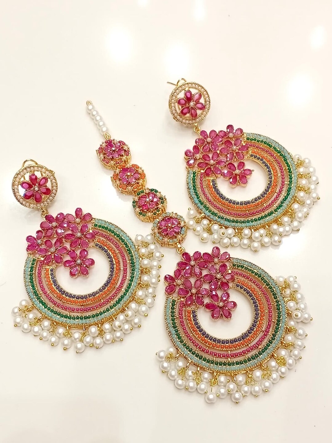 Nauratan Multi Stone Earrings Tikka Set/ Pakistani Jewelry/pakistani ...