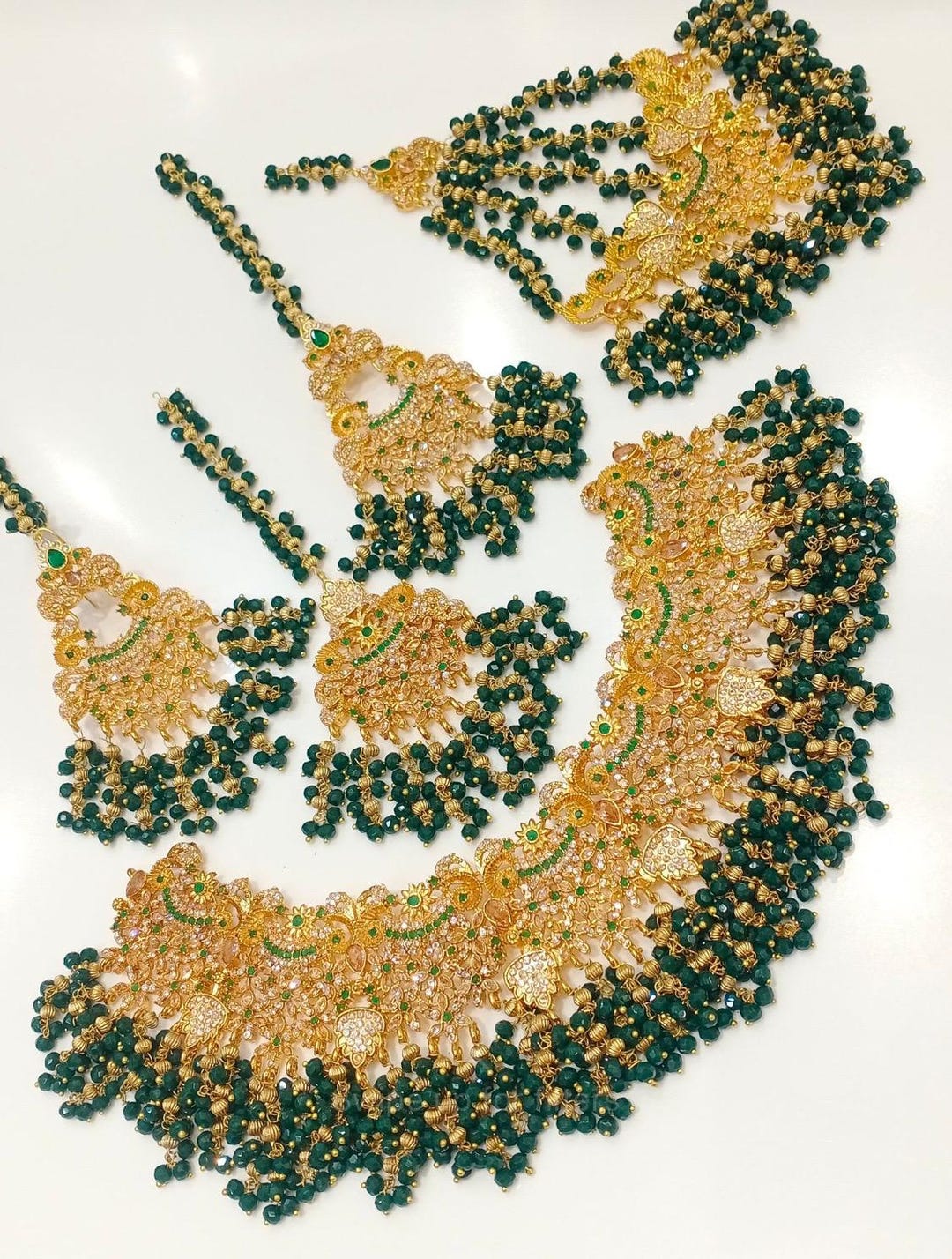 Pakistani Indian Bridal Jewelry Set | Green Gold Plated Necklace ...