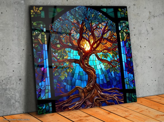 Art Deco Panel stepmom Gift stained Glass Painting life of Tree glass Wall Art large Wall Art wall Hangings office Wall Decor tempered Glass Etsy UK