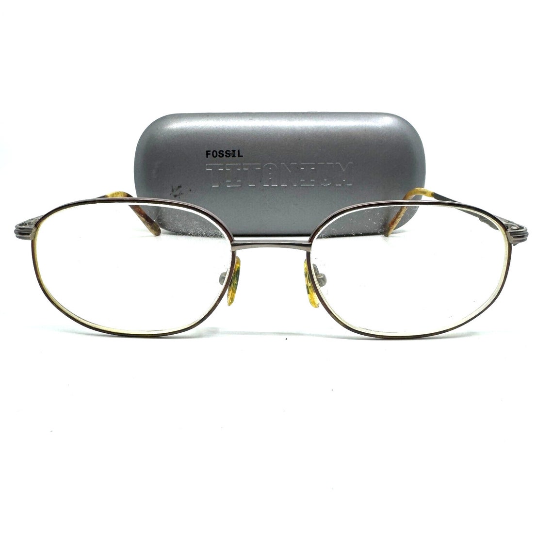 Fossil Titanium Eyeglasses Frames With Case Round Silver Yellow 54mm ...