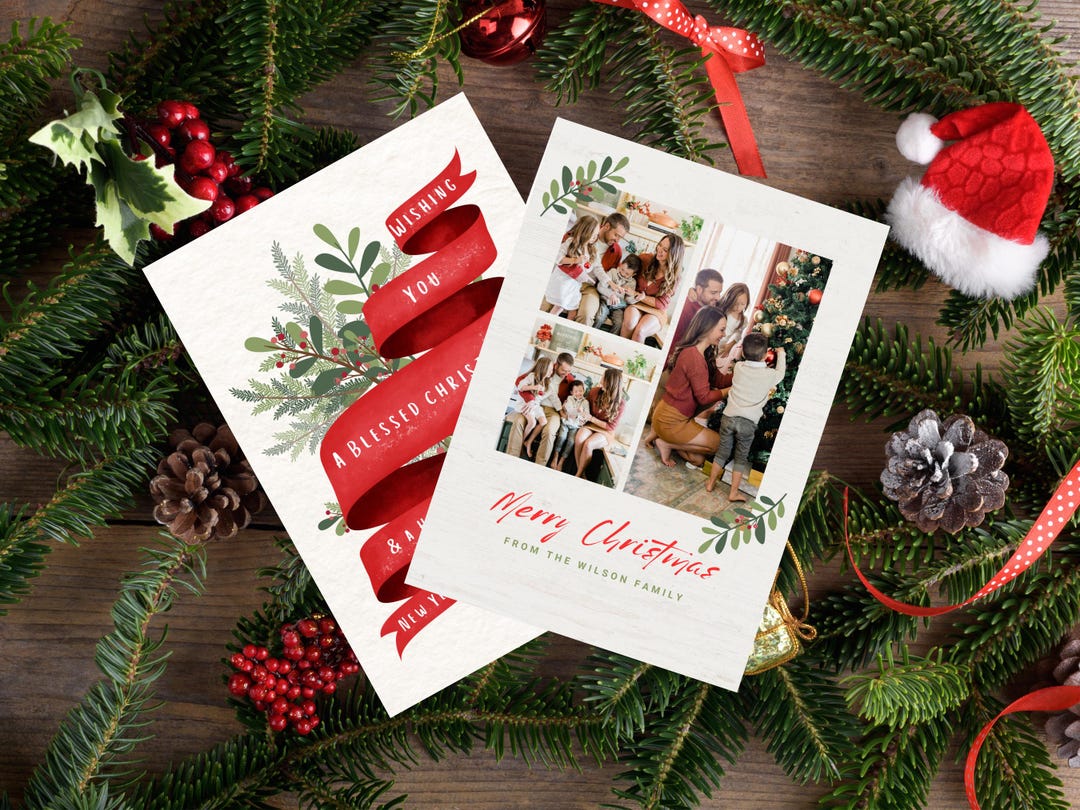Holiday Card With Ribbon Theme | Custom Photo Christmas Card | Editable ...