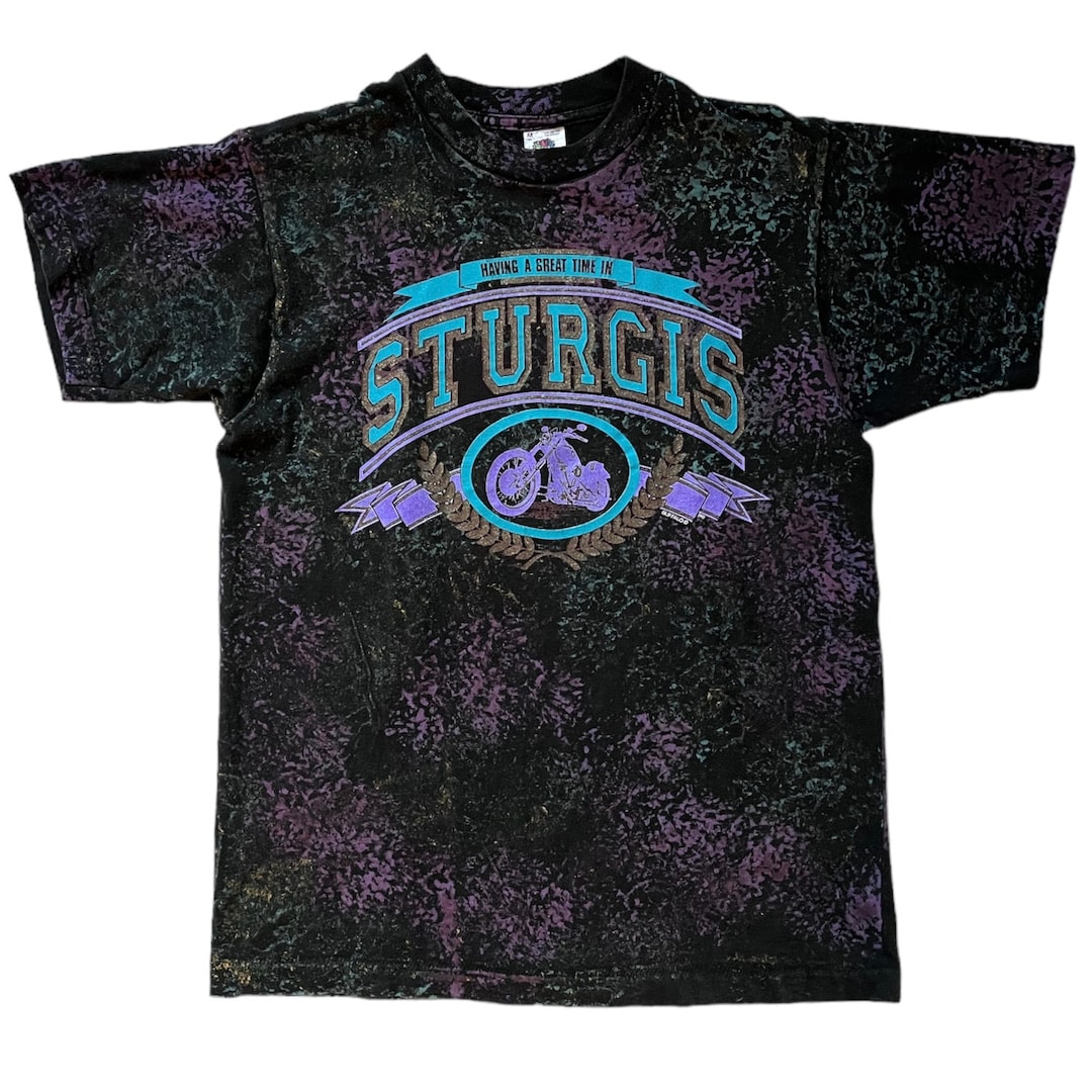 Unique Vintage 1993 Sturgis T-shirt, Teal & Purple All Over Splatter ...