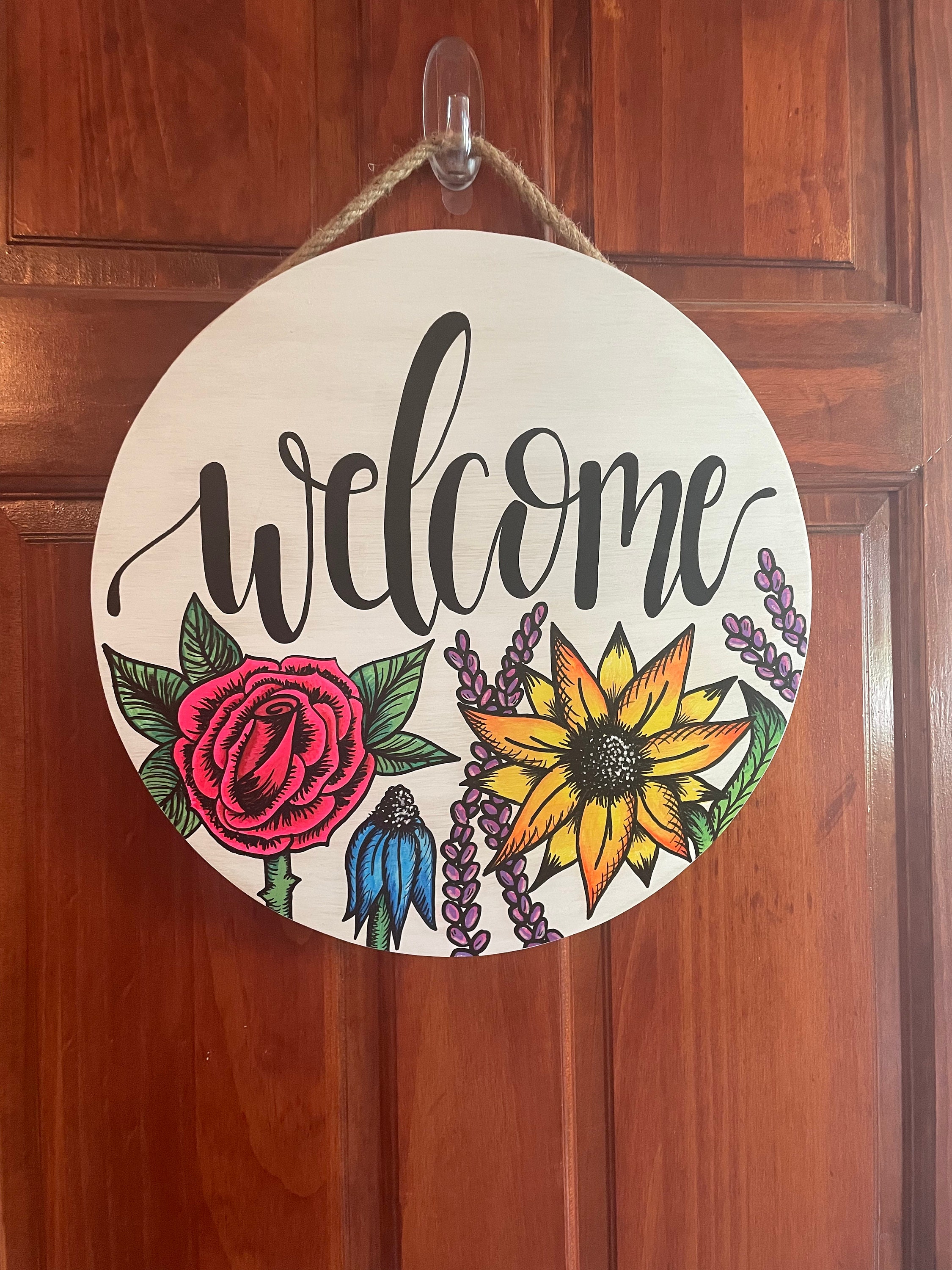 Hand Painted Personalized Wooden Door Hanger Front Door Wreath Flowers ...