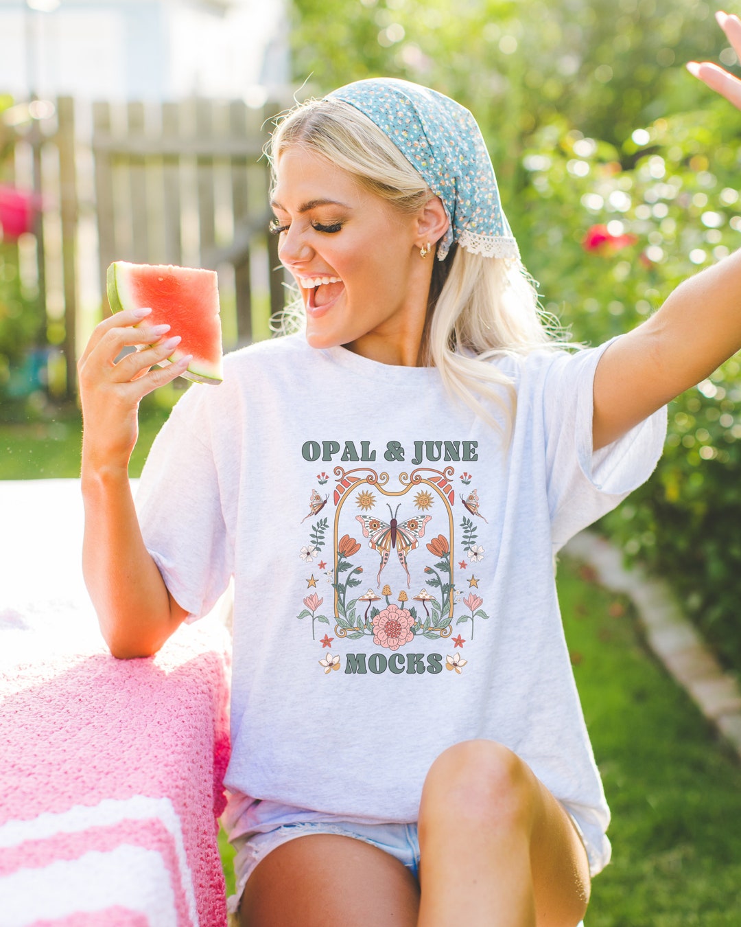 Ash Shirt Mockup Taken in Cute Colorful Garden: Photo of Model Wearing ...
