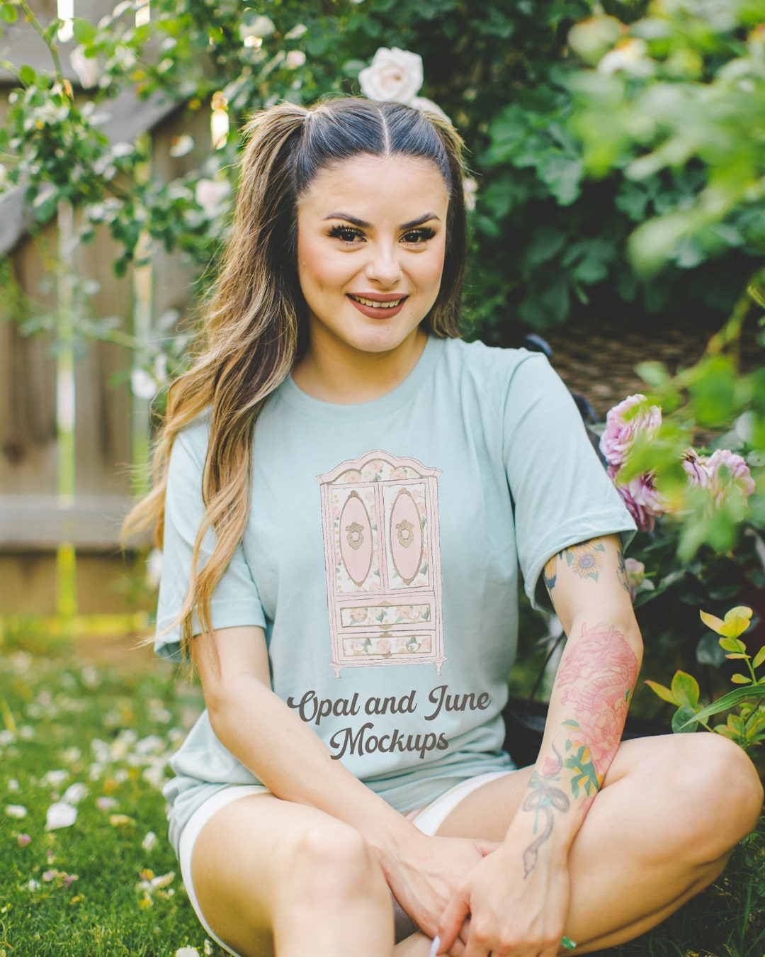 Bella Canvas 3001 Dusty Blue Shirt Mockup | Boho Floral Garden (PNG ...