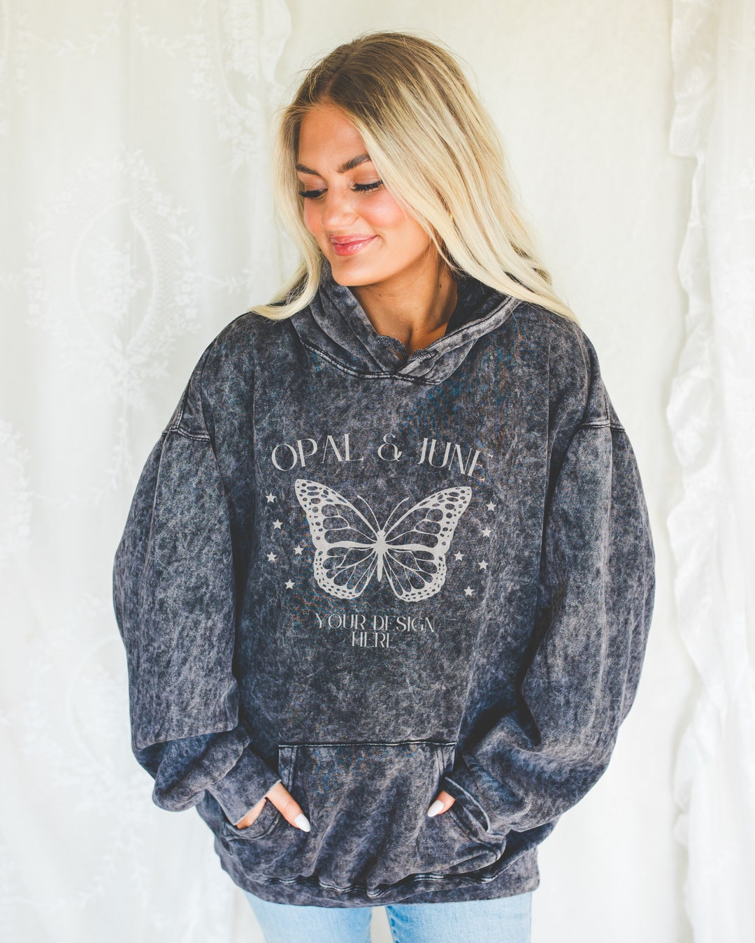 Mineral Black Hoodie Mockup: Photo of Model Wearing Black Colortone ...