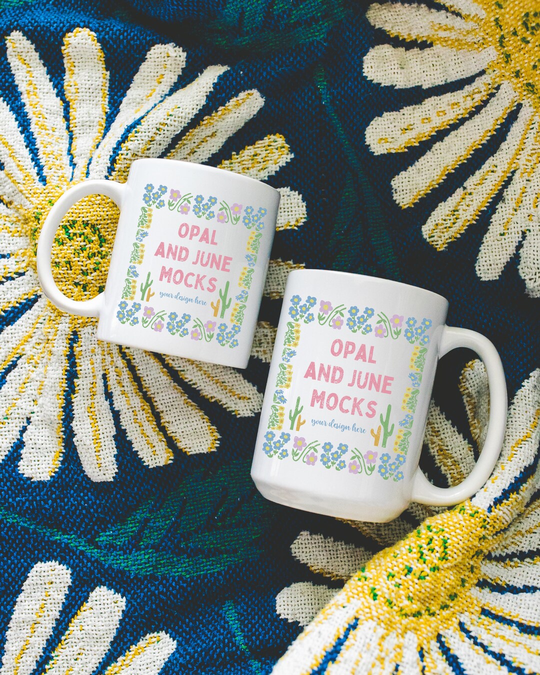 Mockup of Two Coffee Mugs: Photo of 15 Oz and 11 Oz Mug on Floral ...