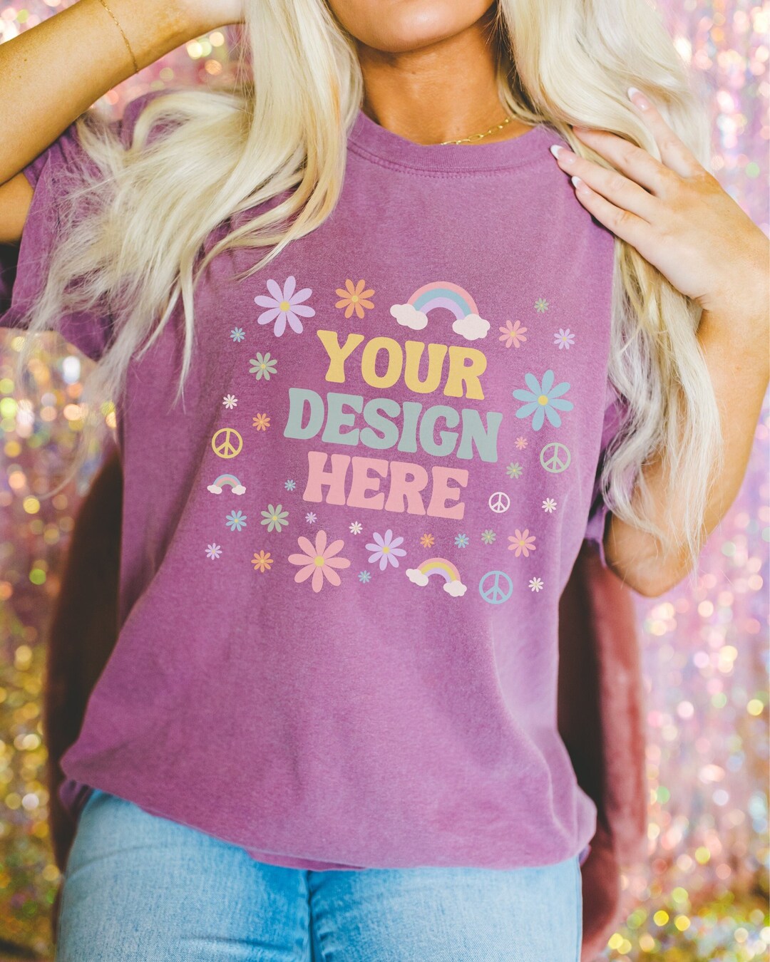 Mockup of Berry Tee Shirt: Photograph of Model Wearing Berry Comfort ...