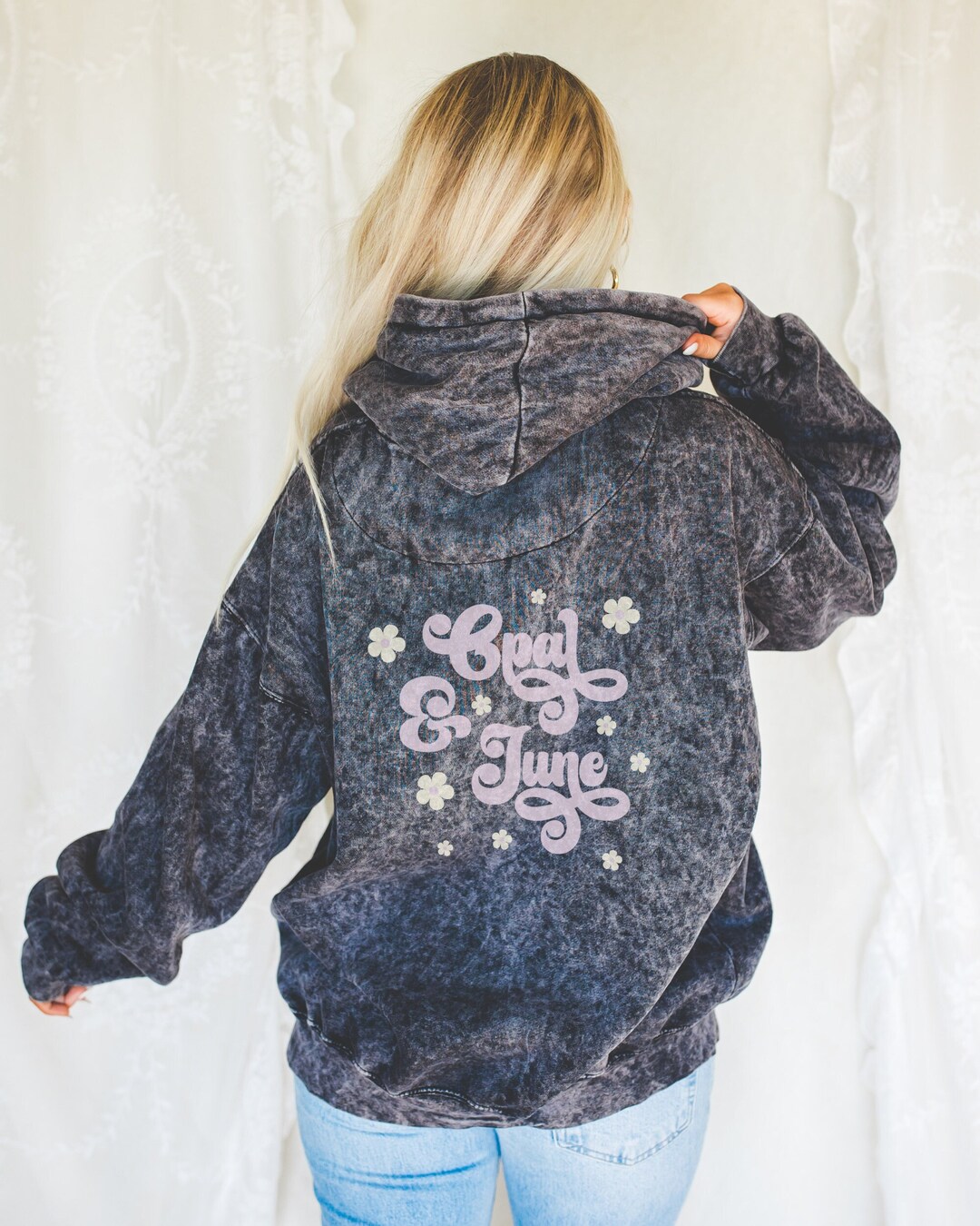 Mineral Black Back of Hoodie Mockup: Photo of Model Wearing Black ...