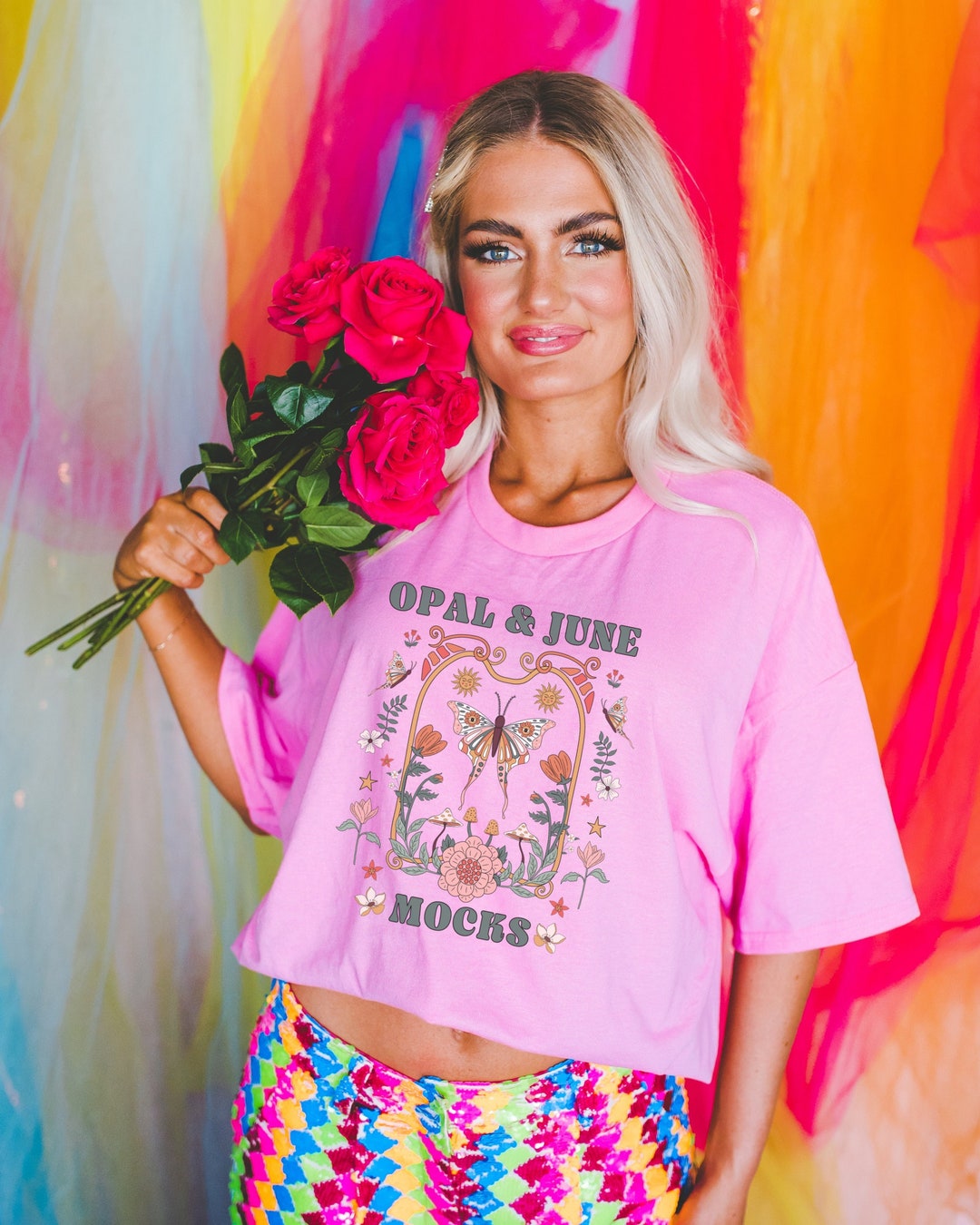 Colorful Azalea Tee Shirt Mockup: Fun and Groovy Photo of Model Wearing ...