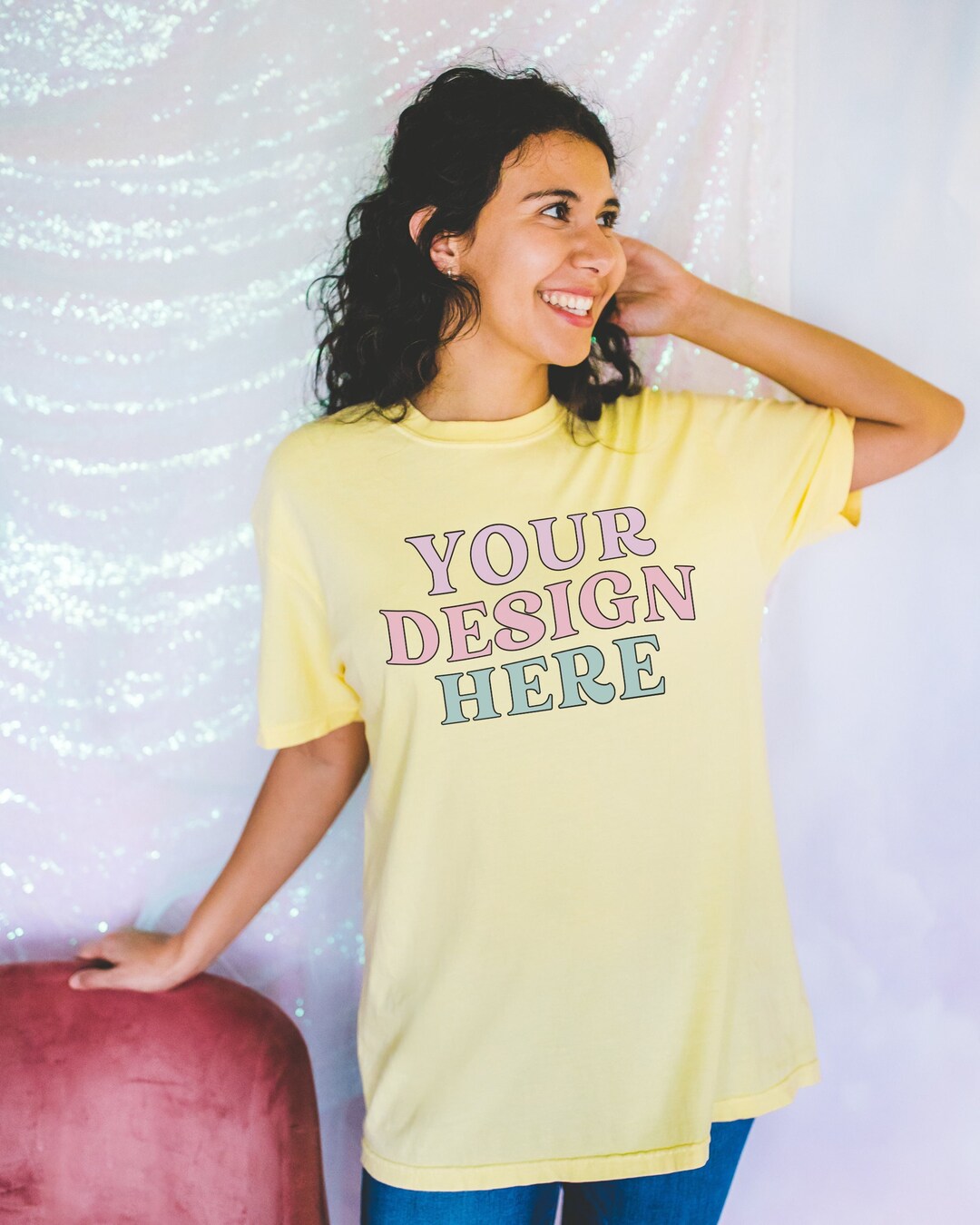 Mockup of Butter Yellow Tee Shirt: Colorful Photograph of Model Wearing ...
