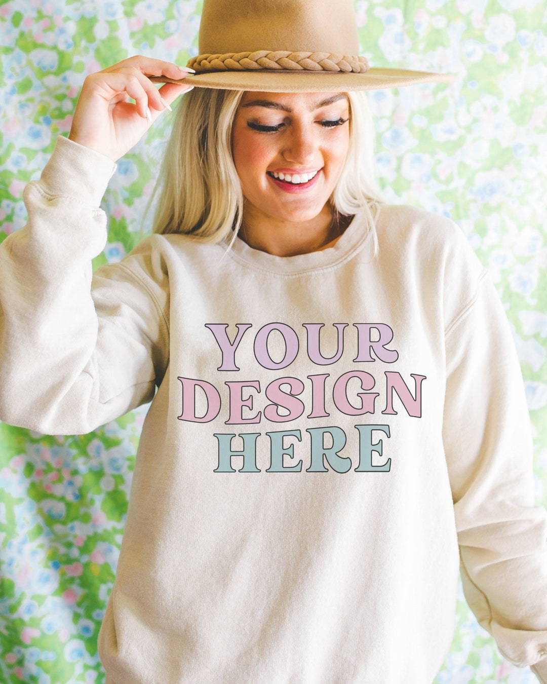 Mockup of Sand Sweatshirt: Photo of Model Wearing Sand Gildan 18000 ...