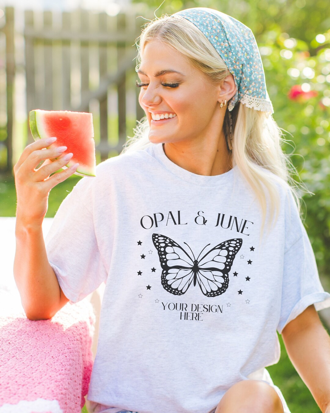 Ash Shirt Mockup Taken in Cute Colorful Garden: Photo of Model Wearing ...