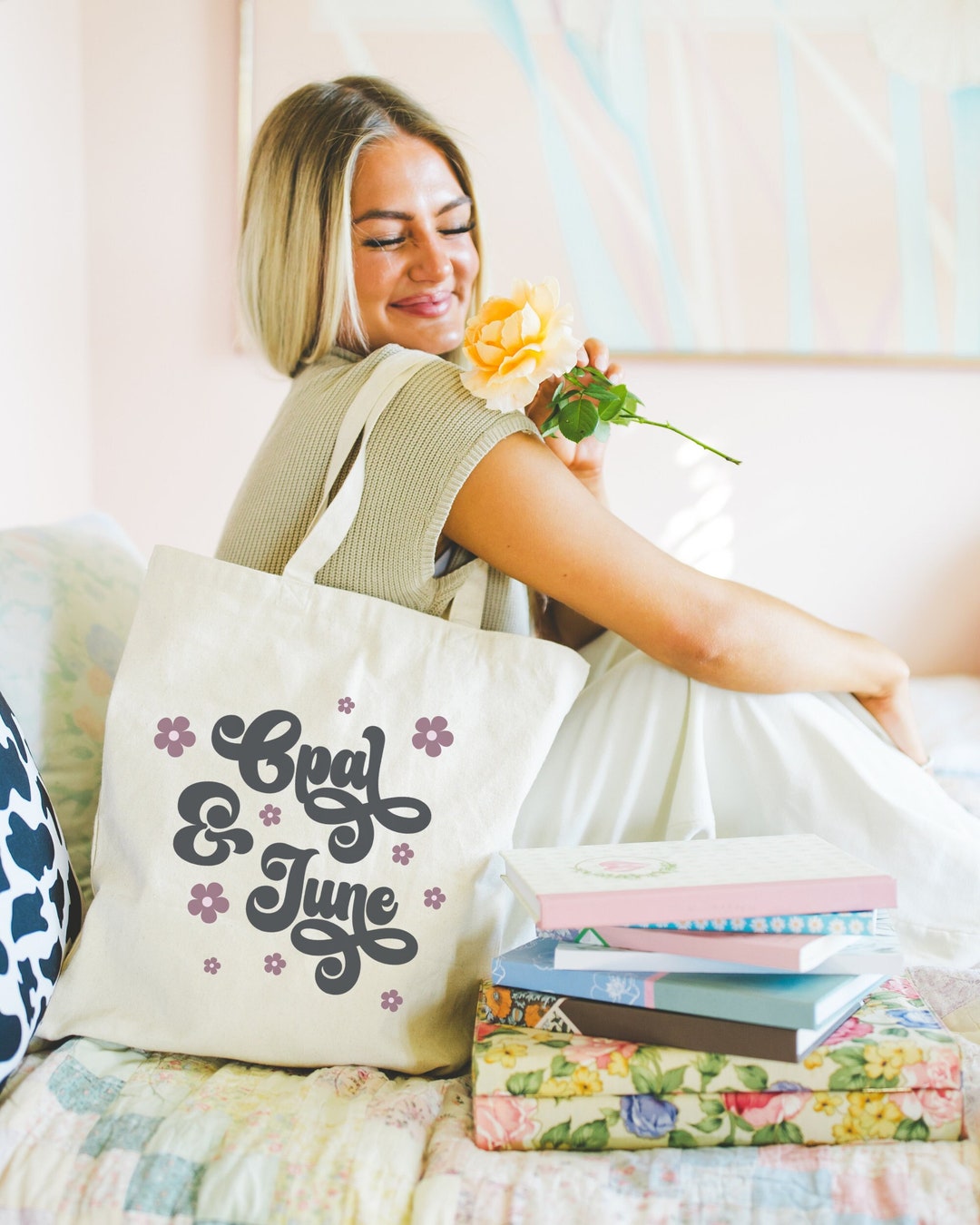 Tote Bag Mockup: Colorful Photo of Model Holding Tote, Cute and Cozy ...