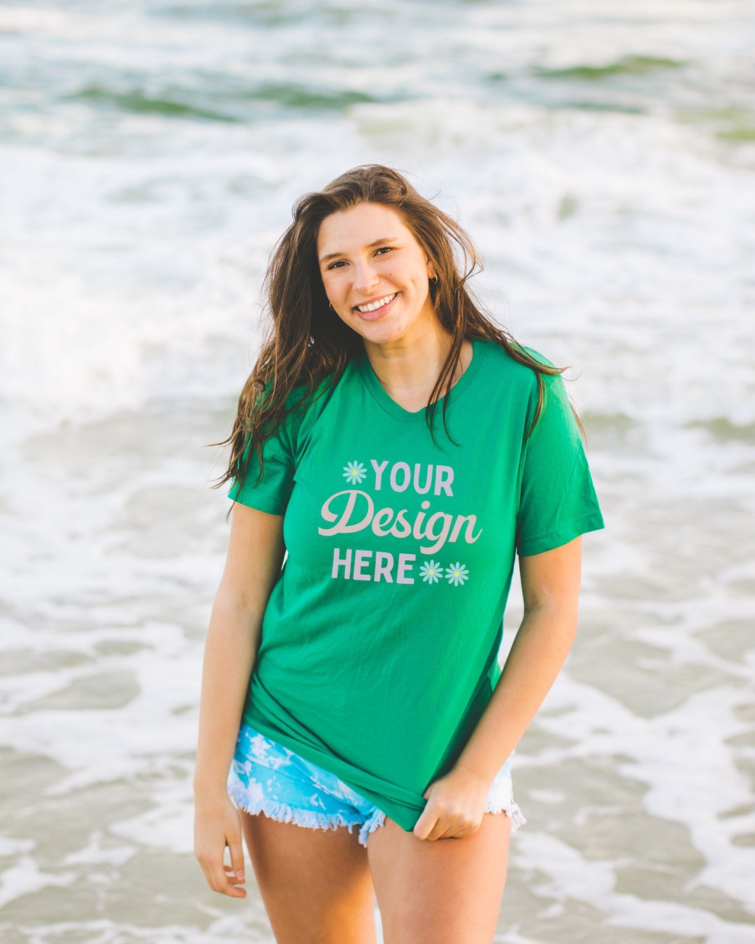 Cute Kelly Green Tee Shirt Mockup: Photo of Model Wearing Kelly Green ...