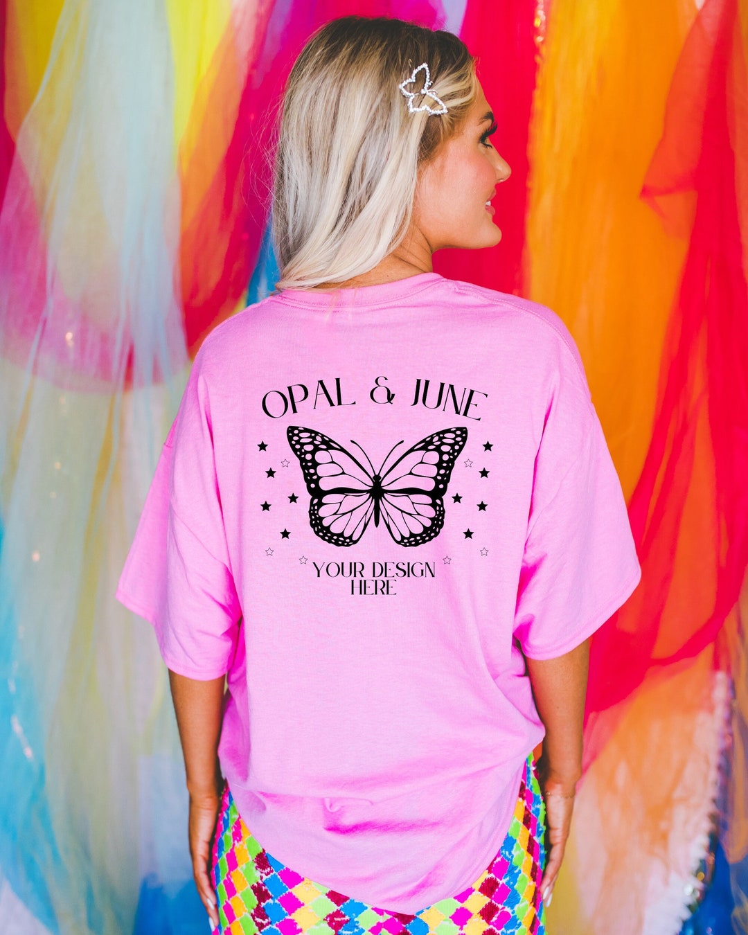Back of Azalea Tee Shirt Mockup: Fun and Groovy Photo of Model Wearing ...