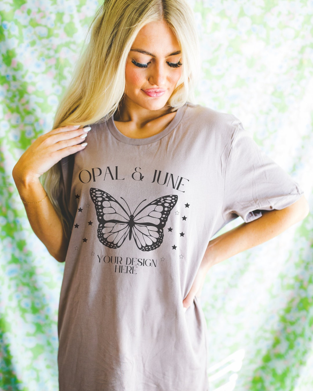 Pebble Brown Shirt Mockup: Photo of Model Wearing Pebble Brown Bella ...