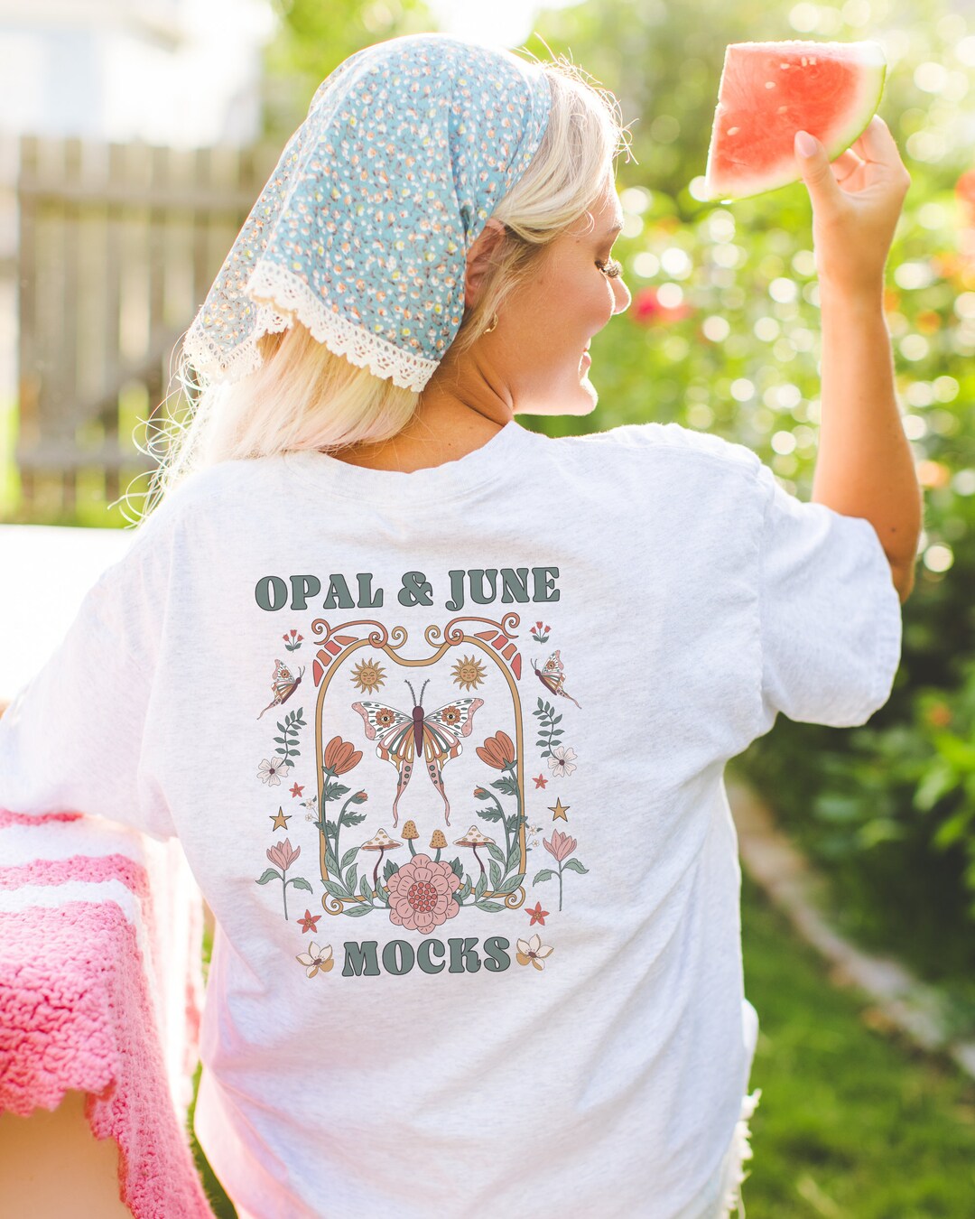 Ash Back of Shirt Mockup in Cute Colorful Garden: Photo of Model ...