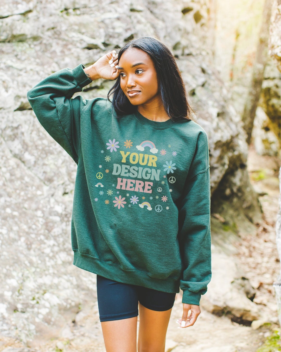 Forest Green Sweatshirt Mockup: Photo of Model Wearing Gildan 18000 ...