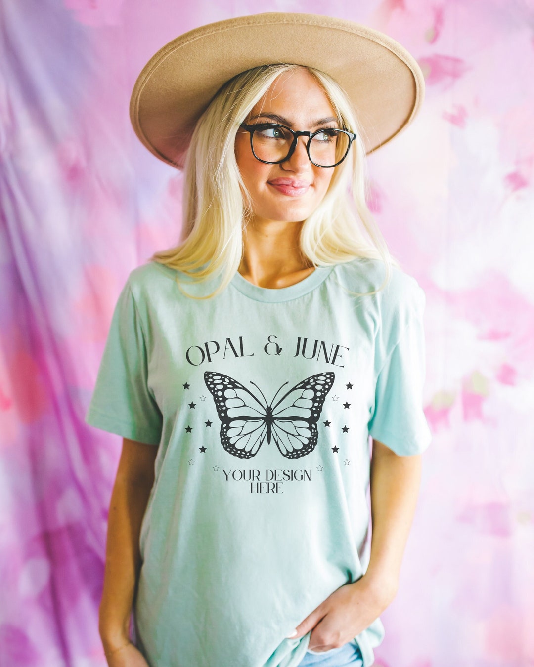 Dusty Blue Tee Shirt Mockup: Photo of Model Wearing BC 3001 Dusty Blue ...